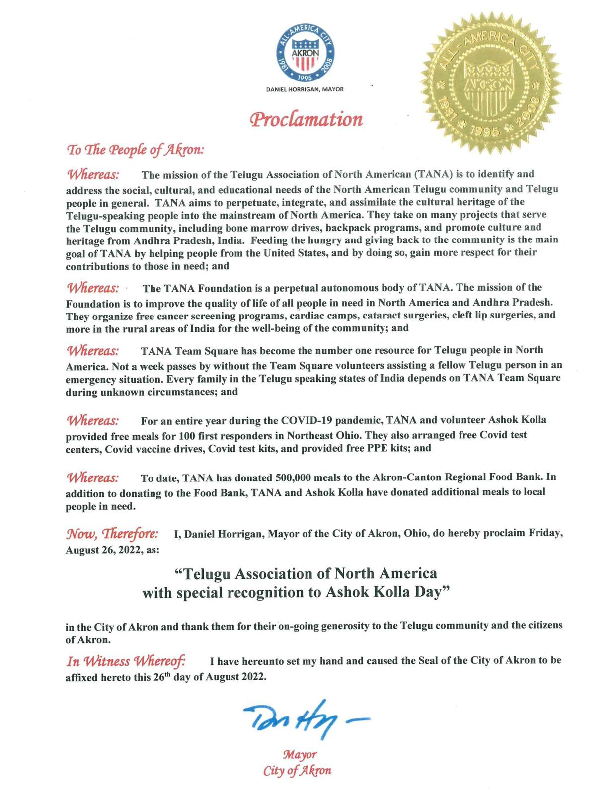 TANA with recognition to Ashok Kolla Day by Akron Mayor – Proclamation ...