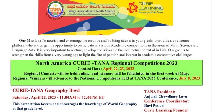 Math, Science, Geography & Language Arts Competitions: Curie Learning & TANA - NRI2NRI.Com