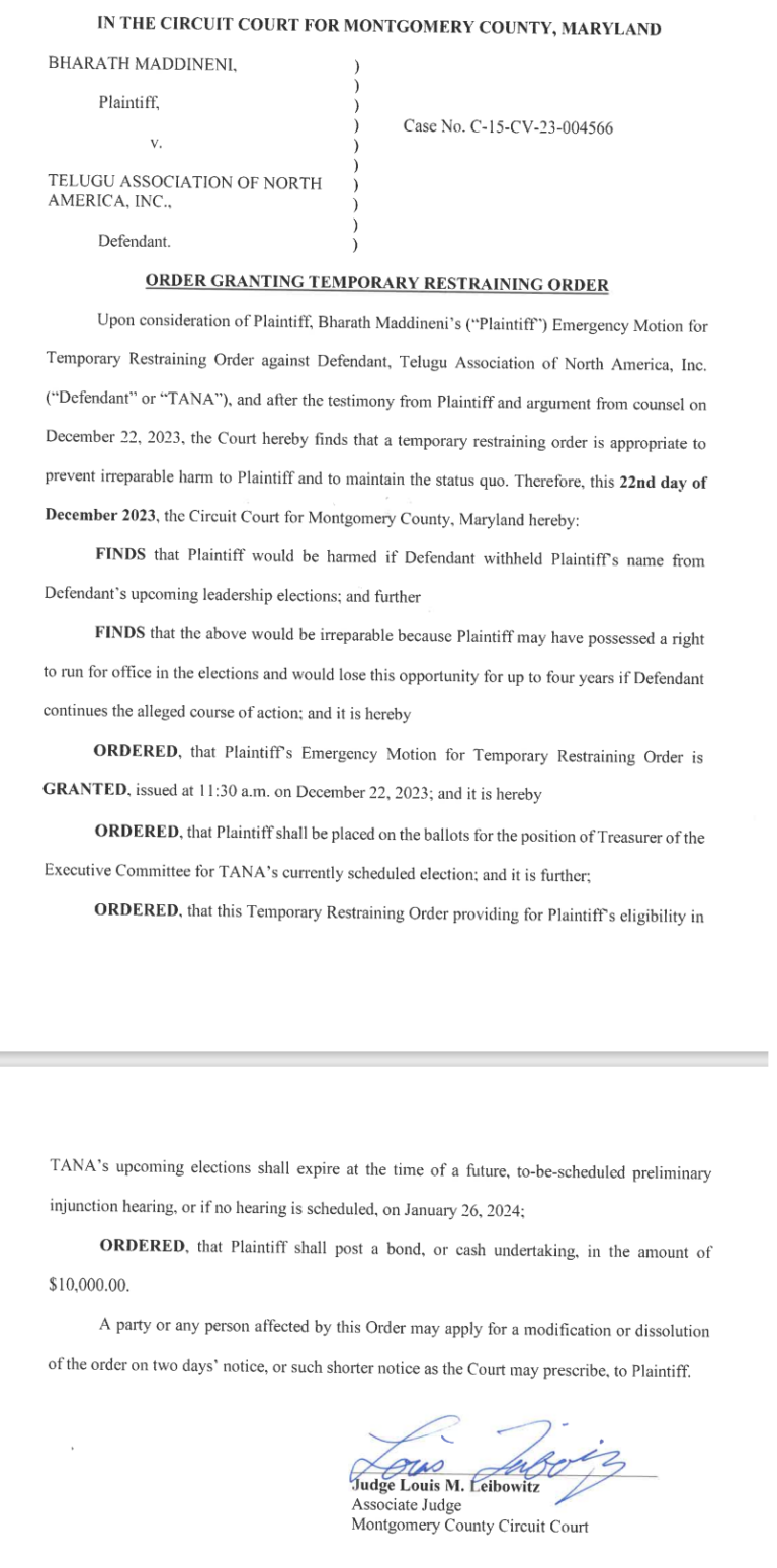 భరత్ మద్దినేని కి కోర్టులో నైతిక విజయం; Judge issued TRO @ Maryland Court - NRI2NRI.Com